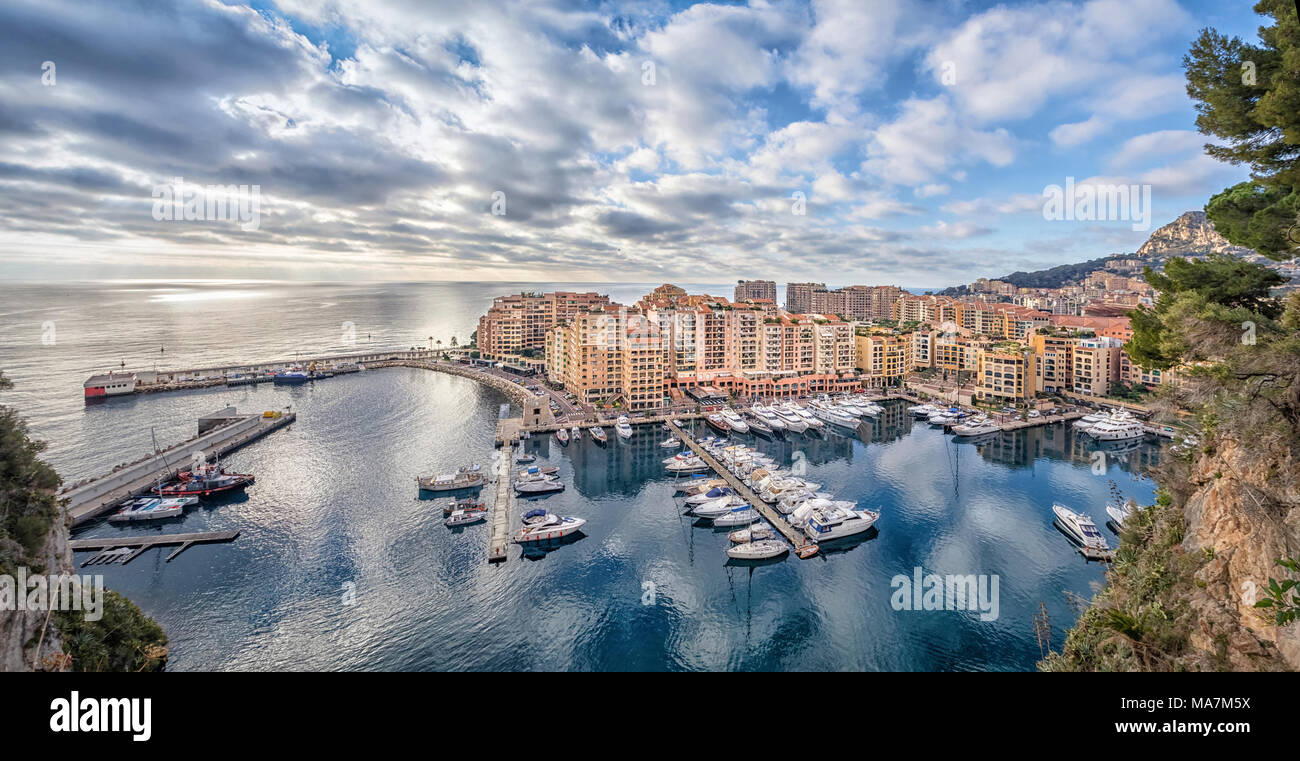 Aerial panorama of Fontvieille district and harbor in Monaco Stock ...