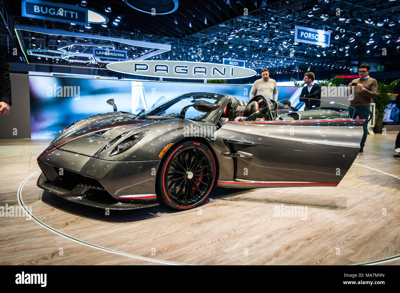 GENEVA, SWITZERLAND - MARCH 17, 2018: PAGANI HUAYRA ROADSTER Superfast sports car presented at ...