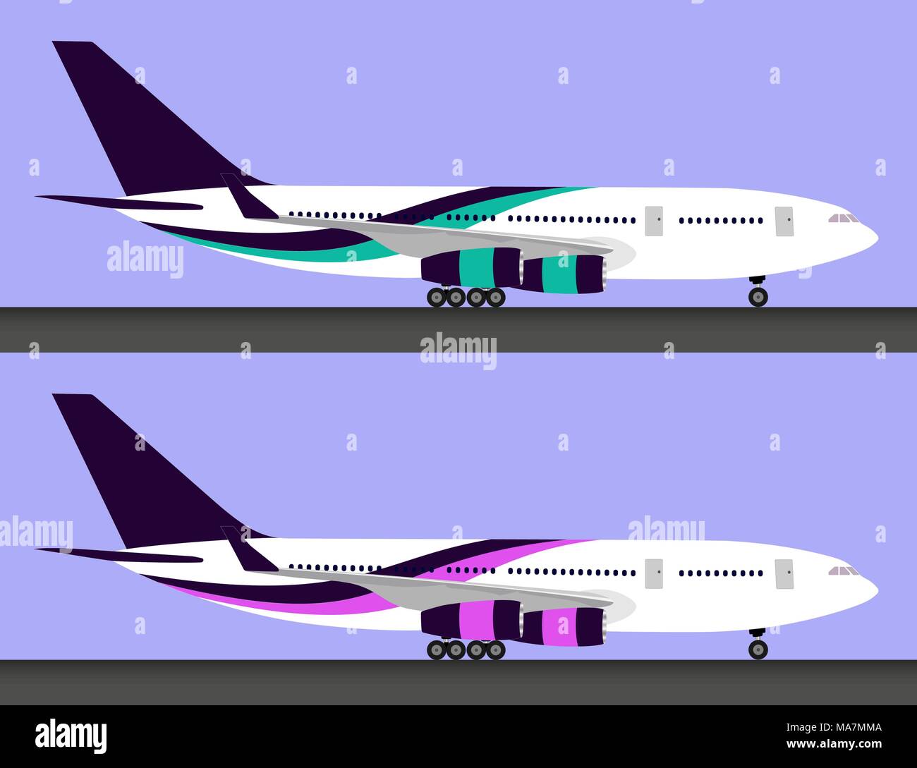 Two light big passenger airplanes standing on ground in profile ...