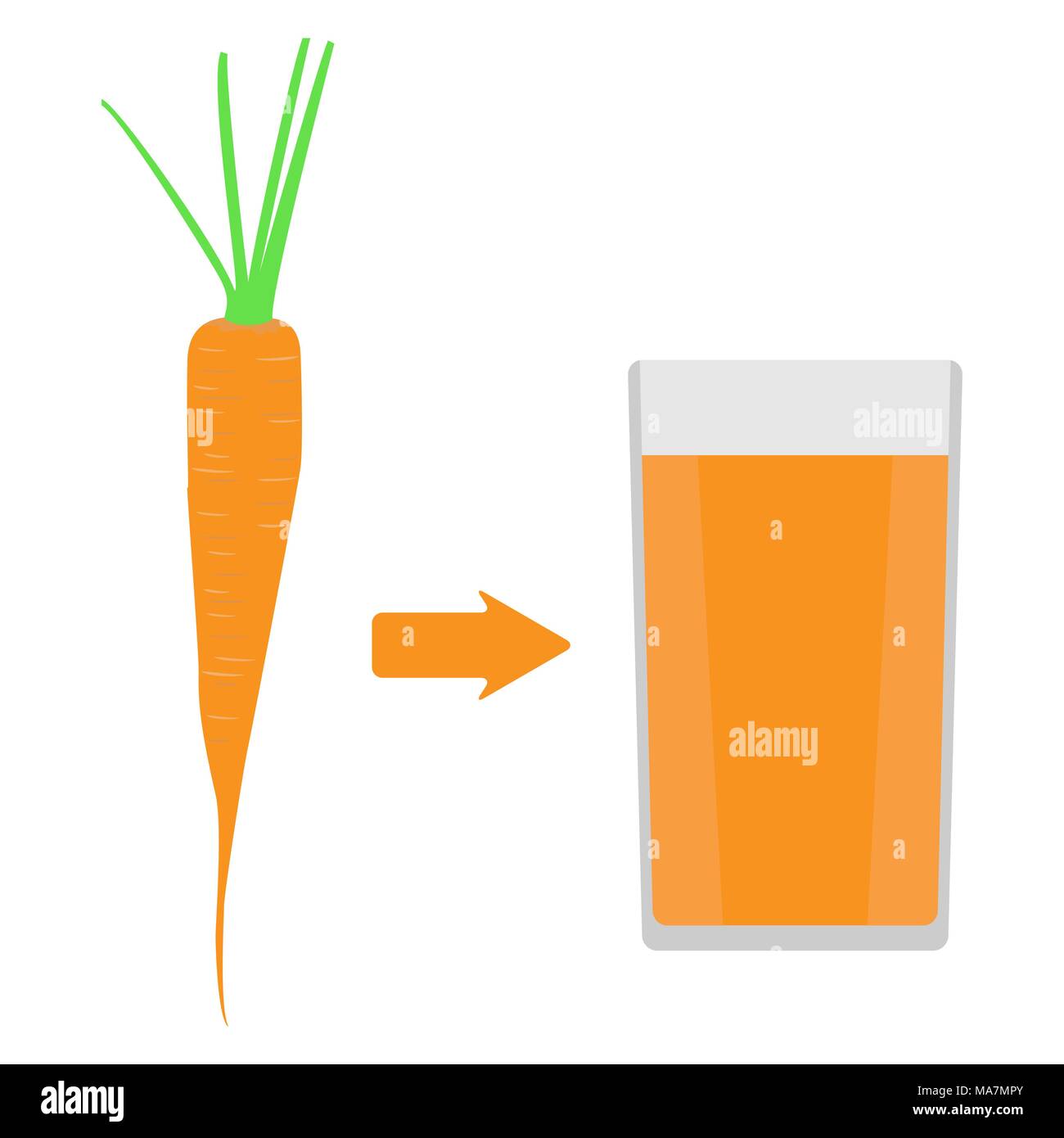 Fresh carrots with tops, and a glass of carrots juice around. The arrow ...