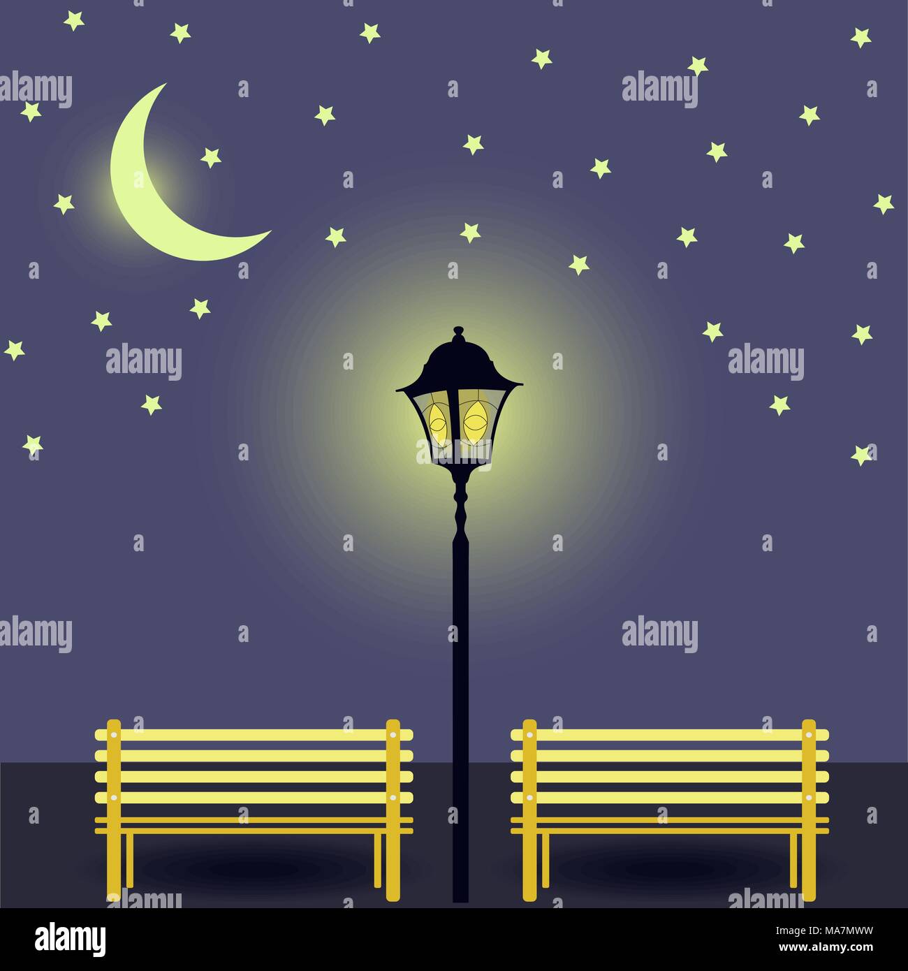 Two Benches Illuminated By Street Lamp and the moon. Benches in light. Night urban landscape ...