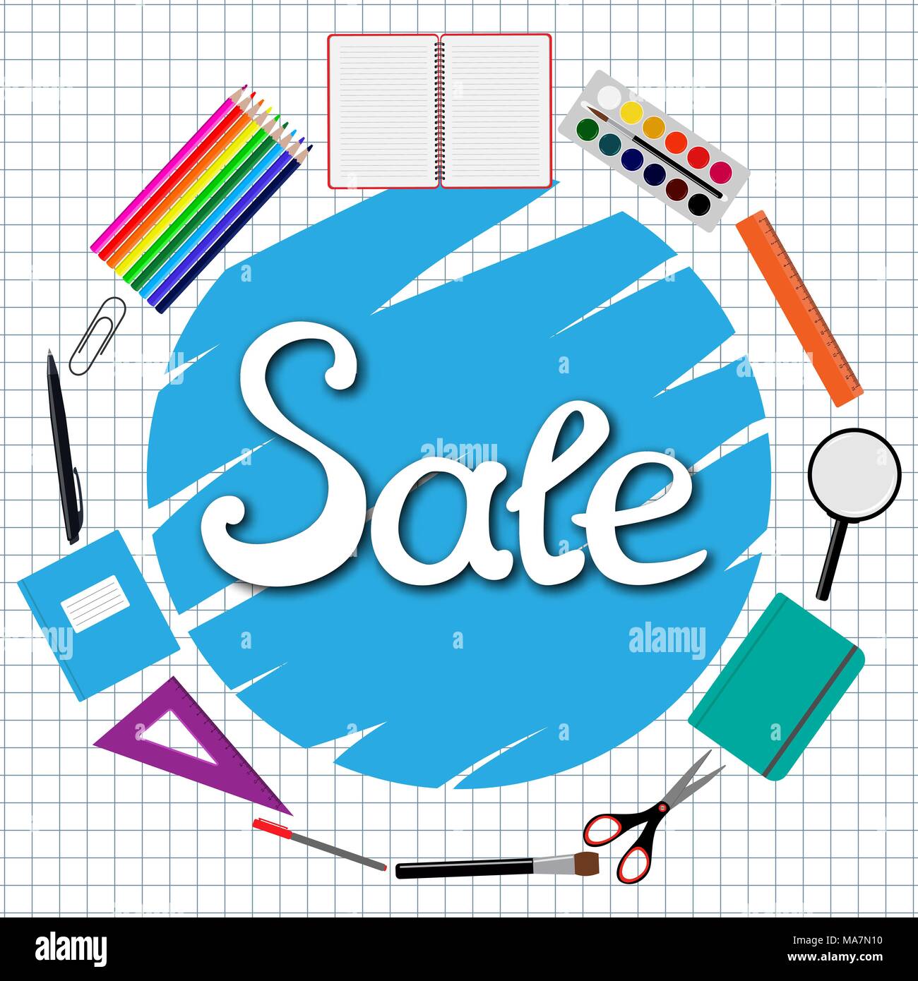 Sale Back to school design. Set of School supplies with Sale hand drawn ...