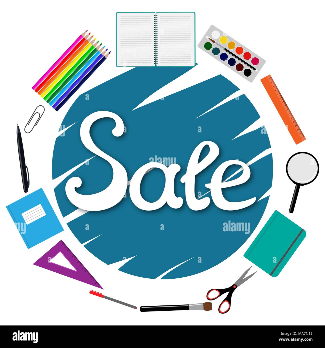 Sale Back to school design. Set of School supplies with Sale hand drawn ...