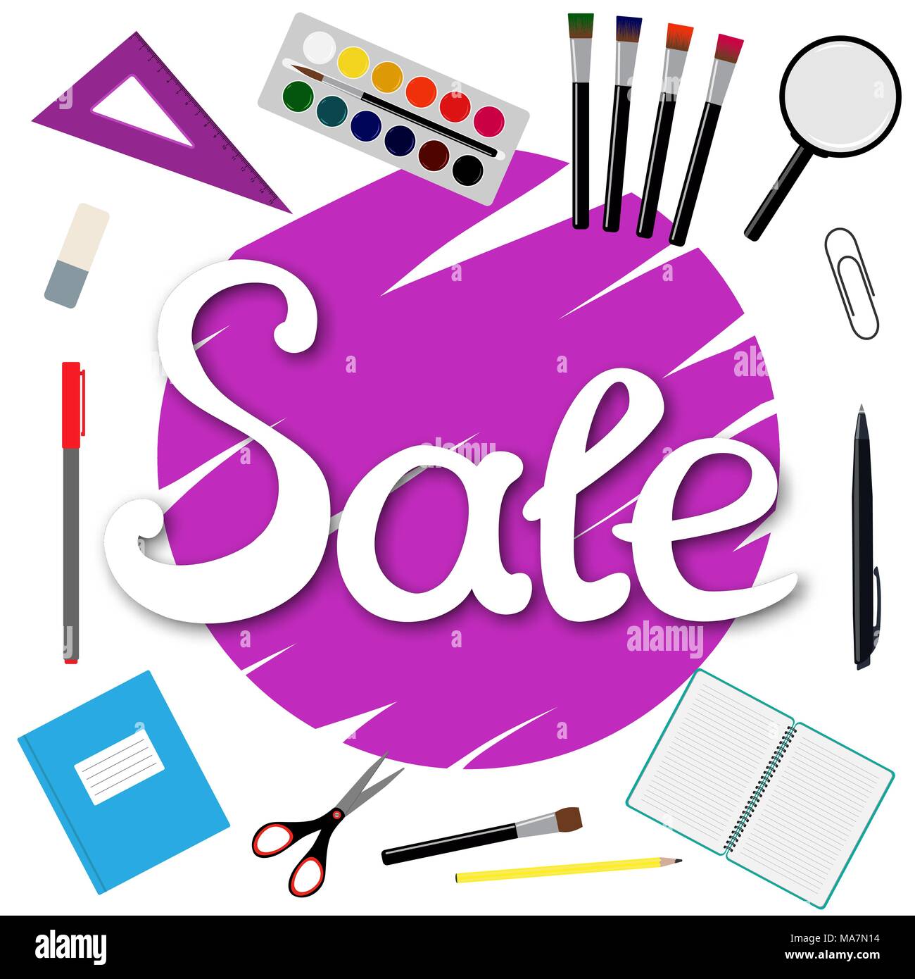 Sale Back to school design. Set of School supplies with Sale hand drawn ...