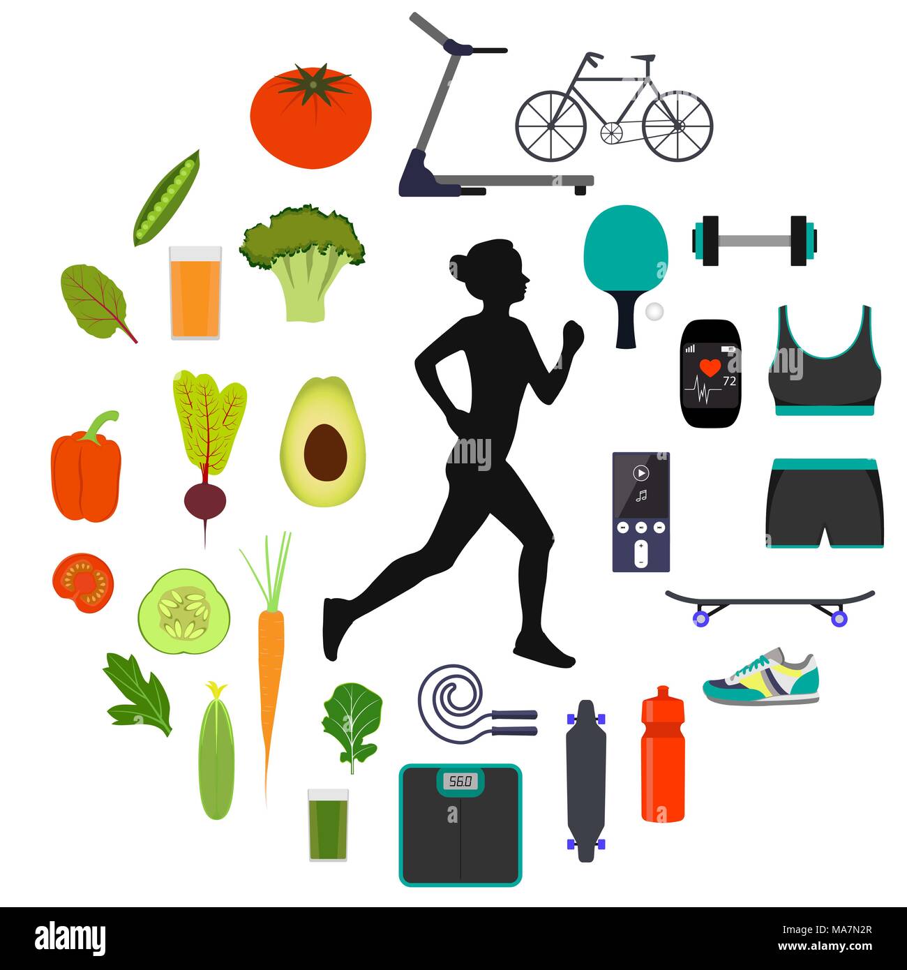 Silhouette of a woman running, surrounded by icons of healthy food ...