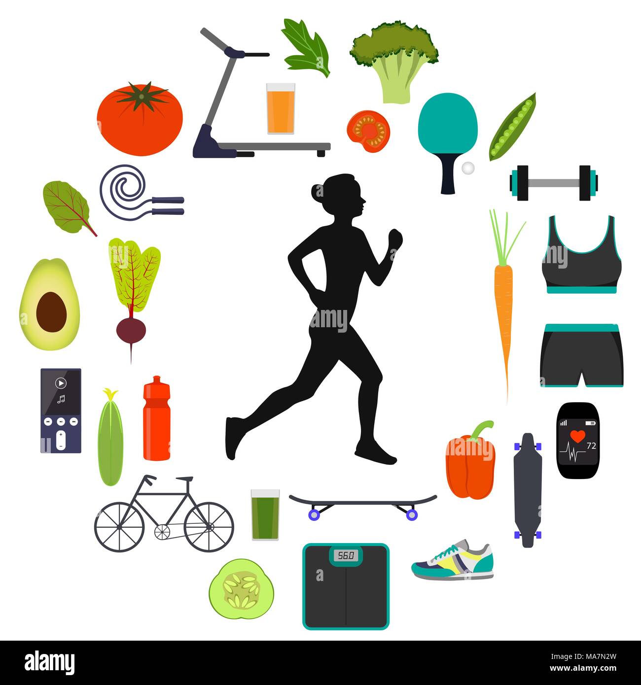Silhouette of a woman running, surrounded by icons of healthy food ...