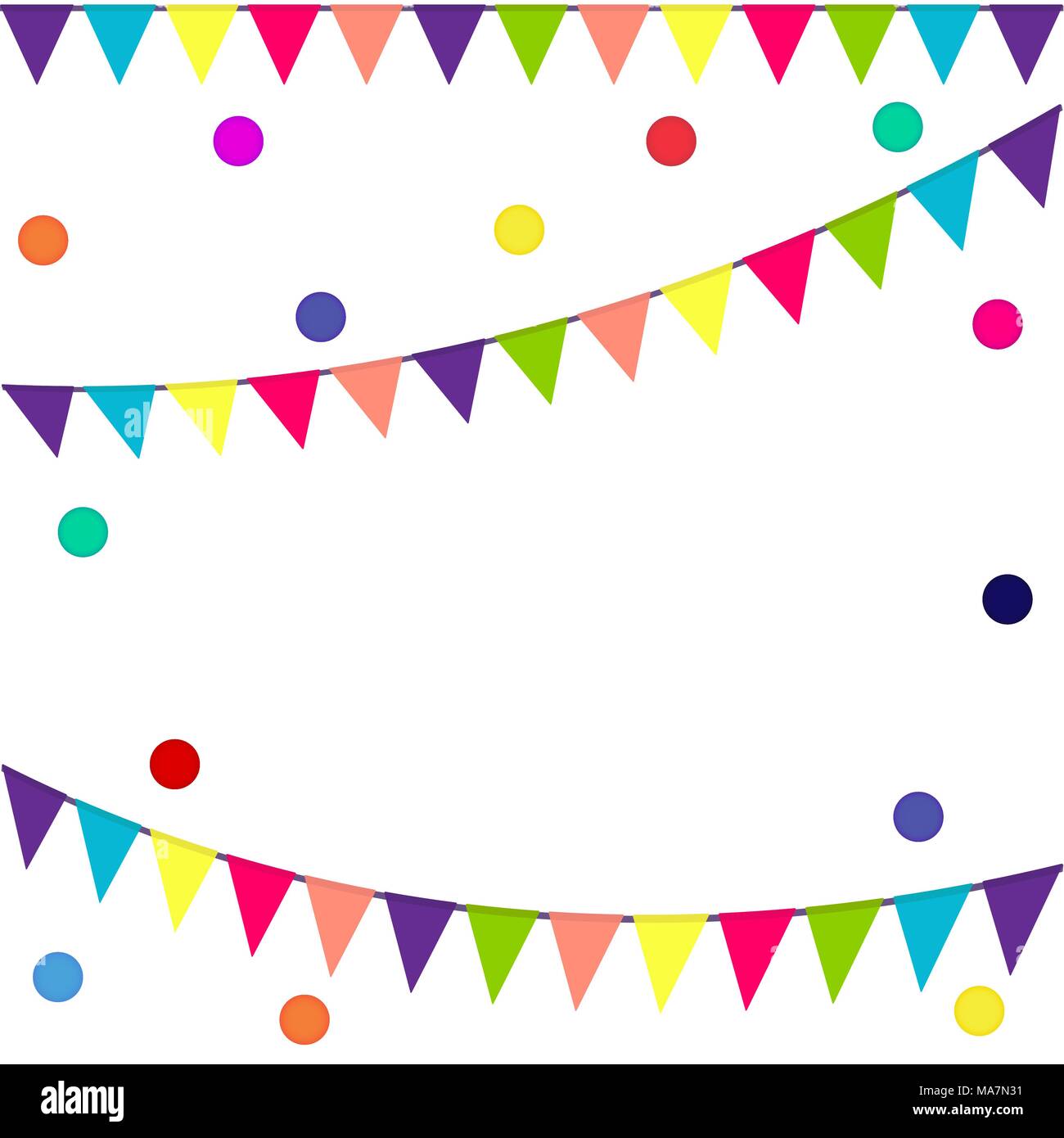 Festive flags and confetti. Carnival party. Garland of colour flags and ...