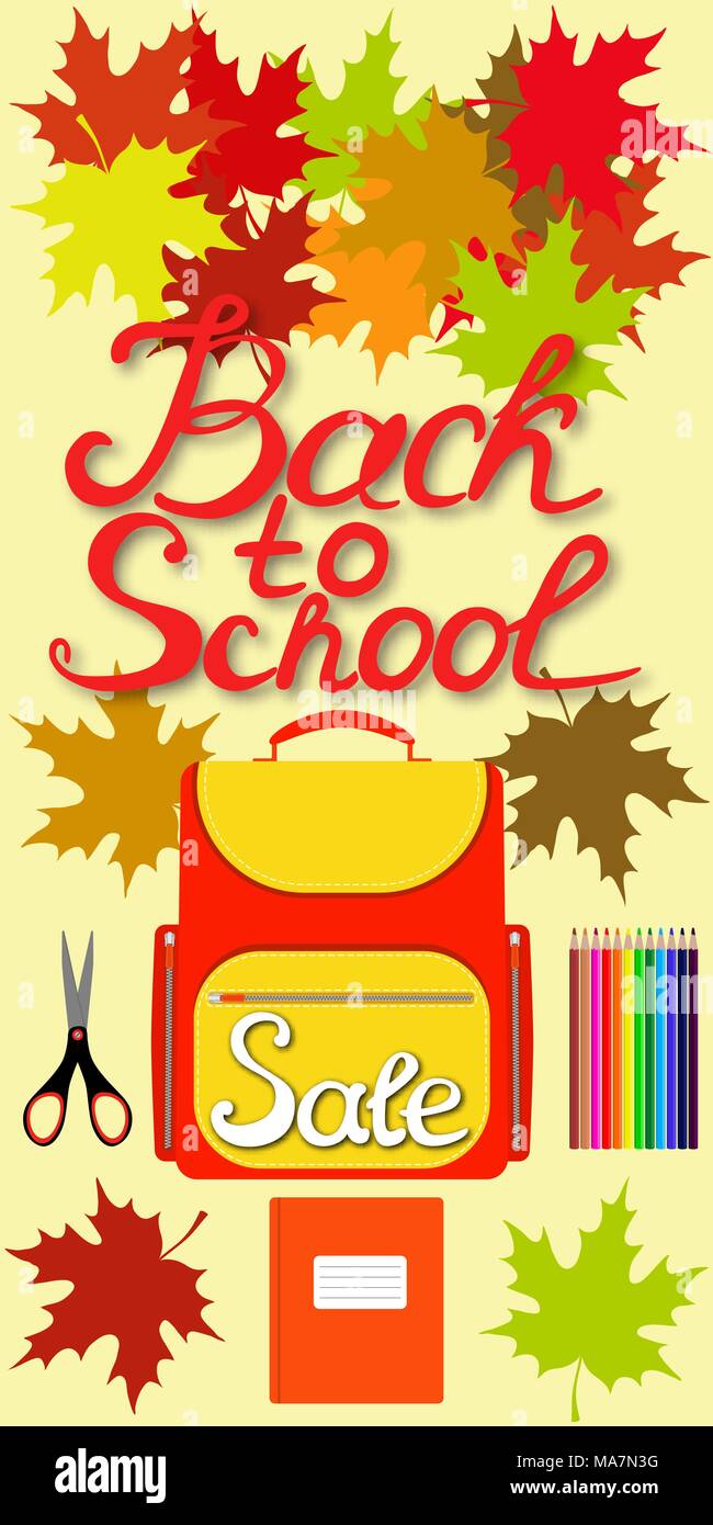 Banner back to school sale. Set of School supplies with Sale hand drawn ...