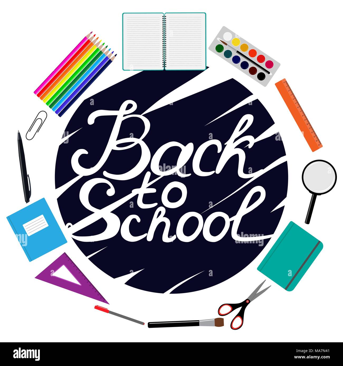 Back to school design. Set of School supplies with Back to school hand ...