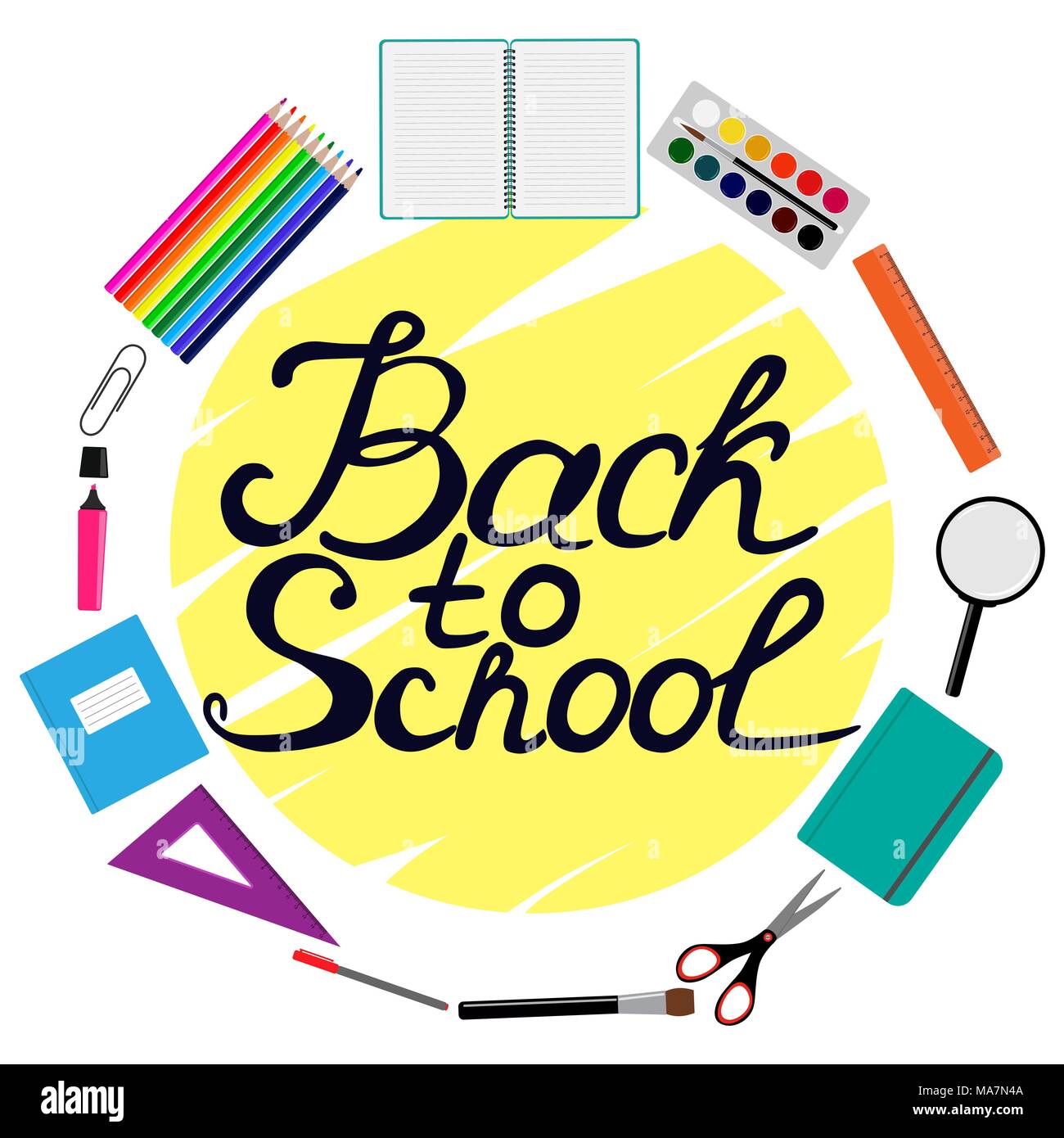Back to school design. Set of School supplies with Back to school hand ...