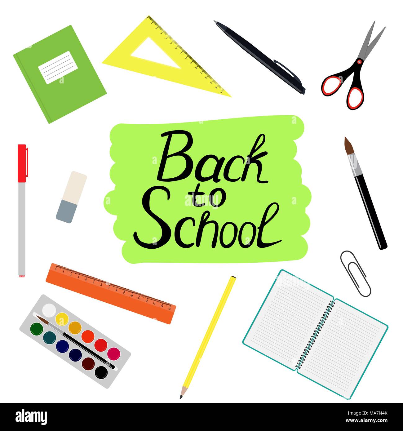 Back to school design. Set of School supplies with Back to school hand ...