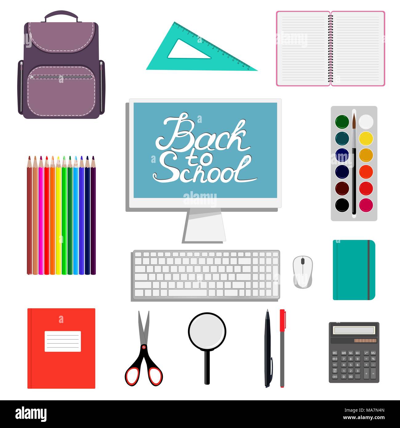 Back to school design. Set of School supplies with Back to school hand ...