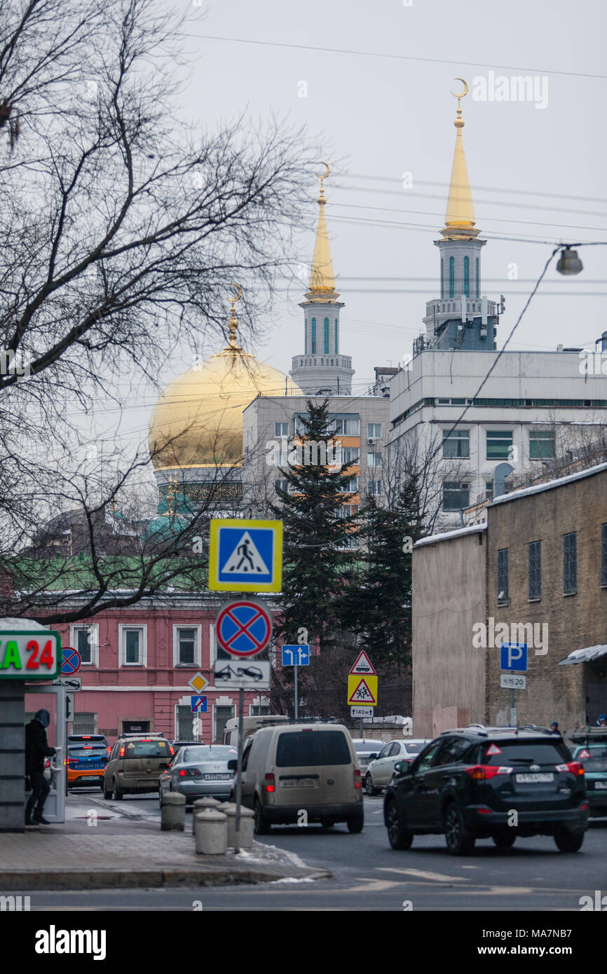 MOSCOW, RUSSIA - MARCH 12, 2018: The gilded domes of the mosque ...