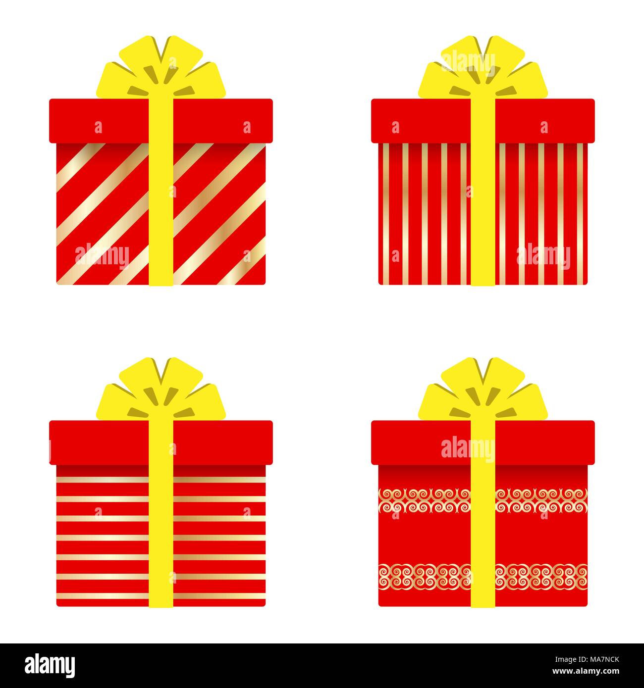 Set of gift boxes with ribbons, bows, gold stripes, circles and stars ...