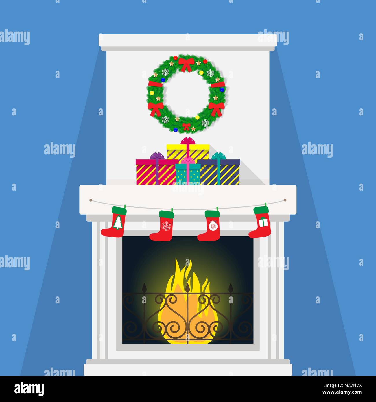 Christmas fireplace with decorations, wreath, gift boxes, flame. Vector ...