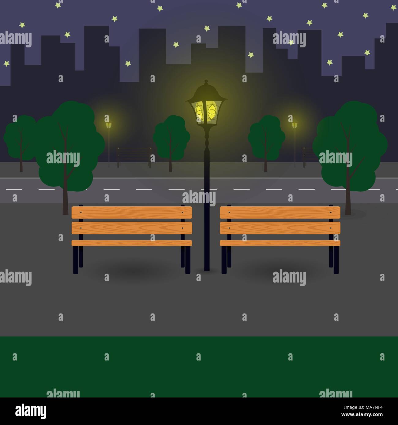 Night city landscape with benches, street lights, trees. Flat vector ...
