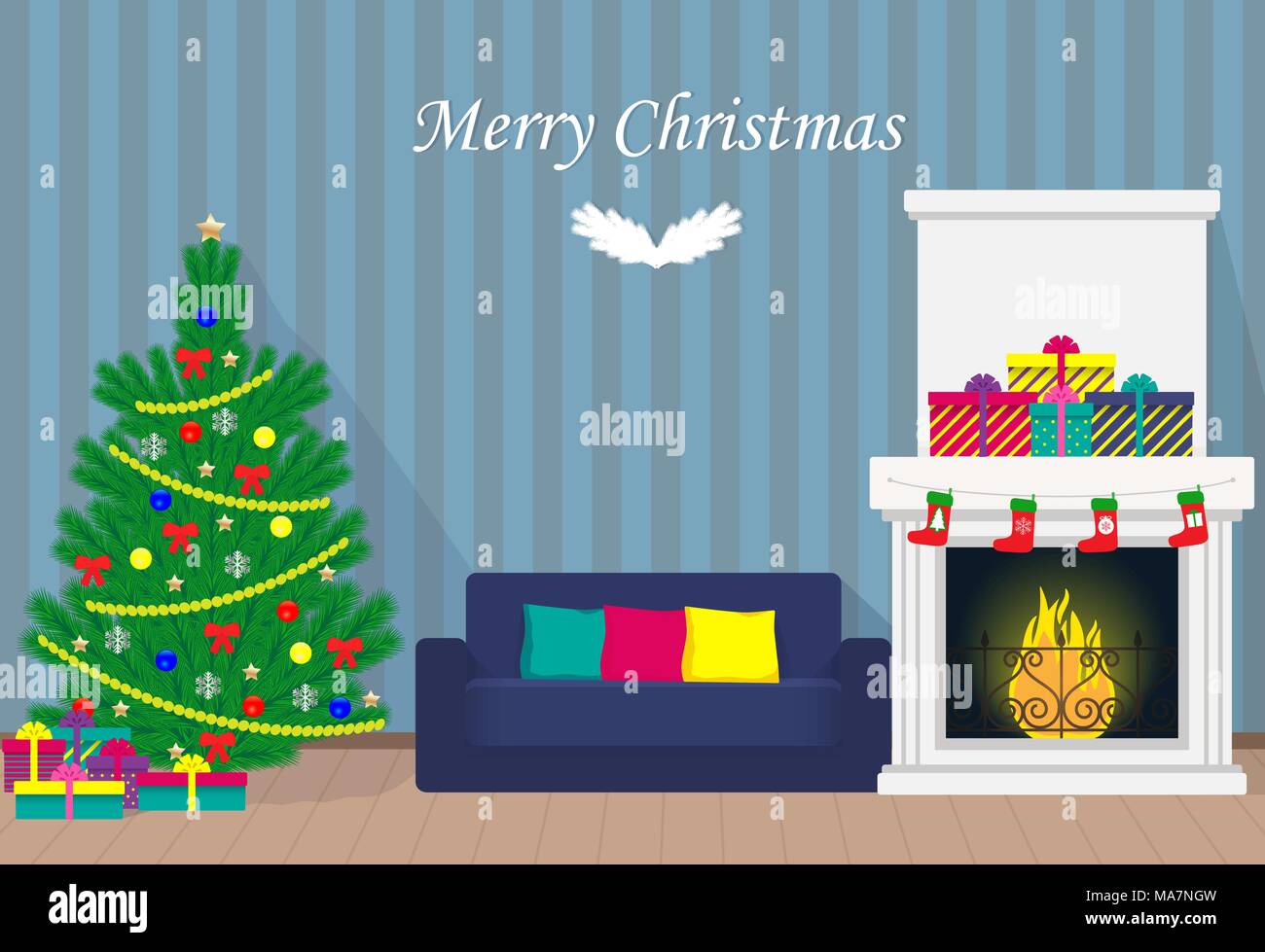 Christmas interior with xmas tree, fireplace, sofa, wreath, gift boxes, with the words Merry ...