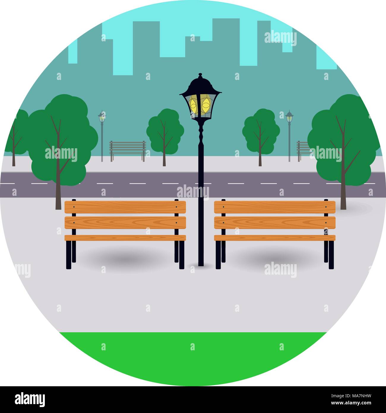 Benches with lantern on city street. Cartoon vector illustration in ...