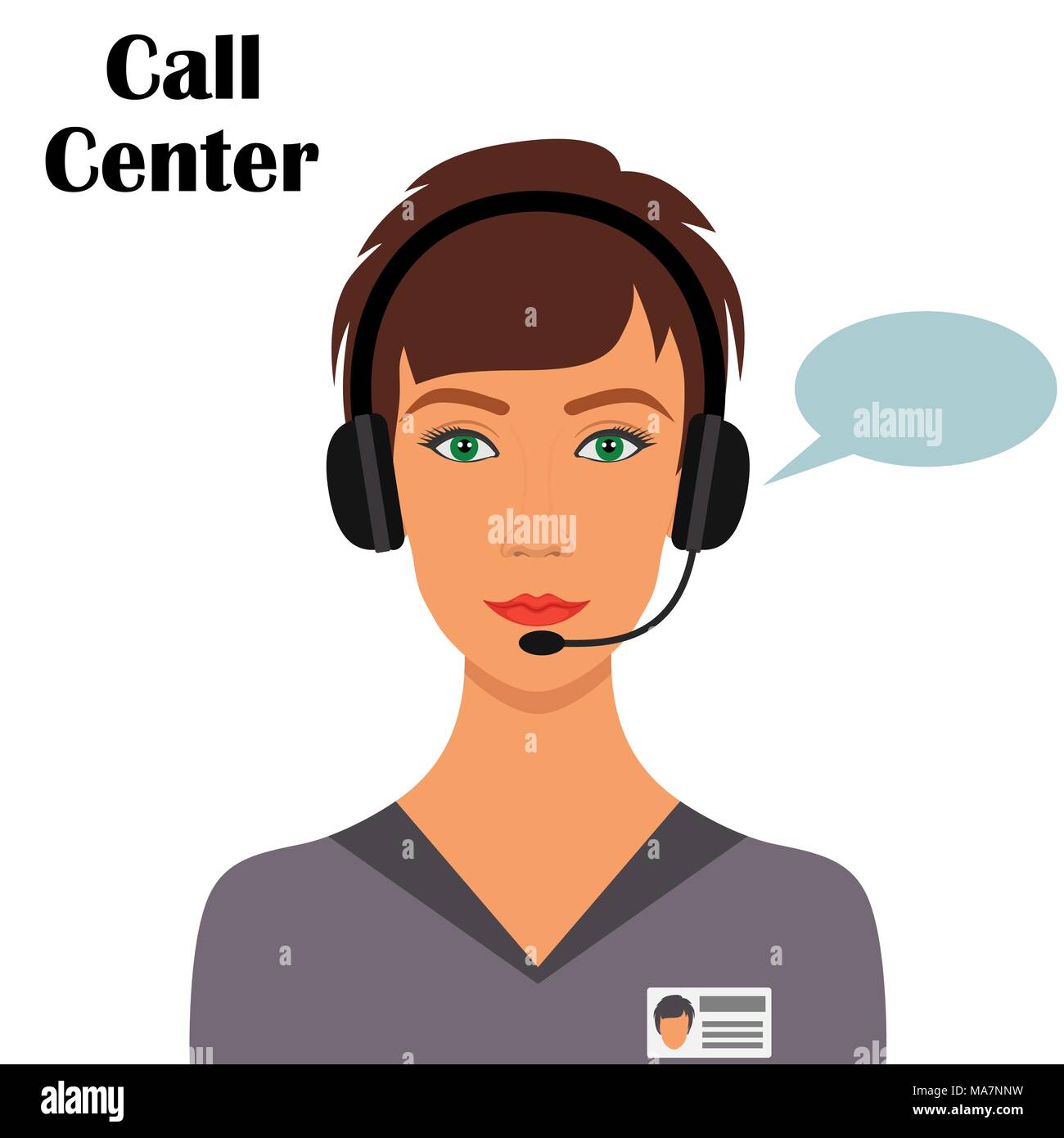 Woman in headphones with microphone and badge. Operator of call center ...