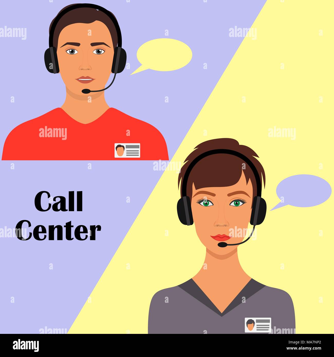 Man and Woman in headphones with microphone and badge. Operators of ...