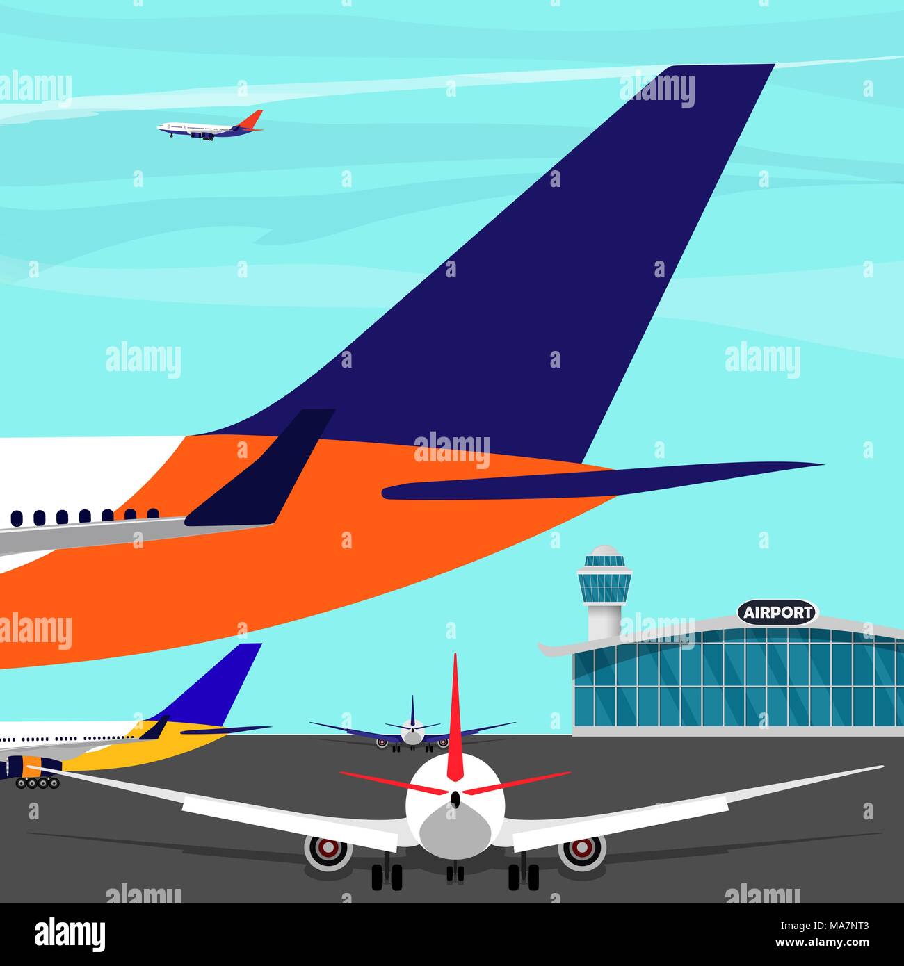 Airport terminal building, control tower, planes on the tarmac. Vector ...