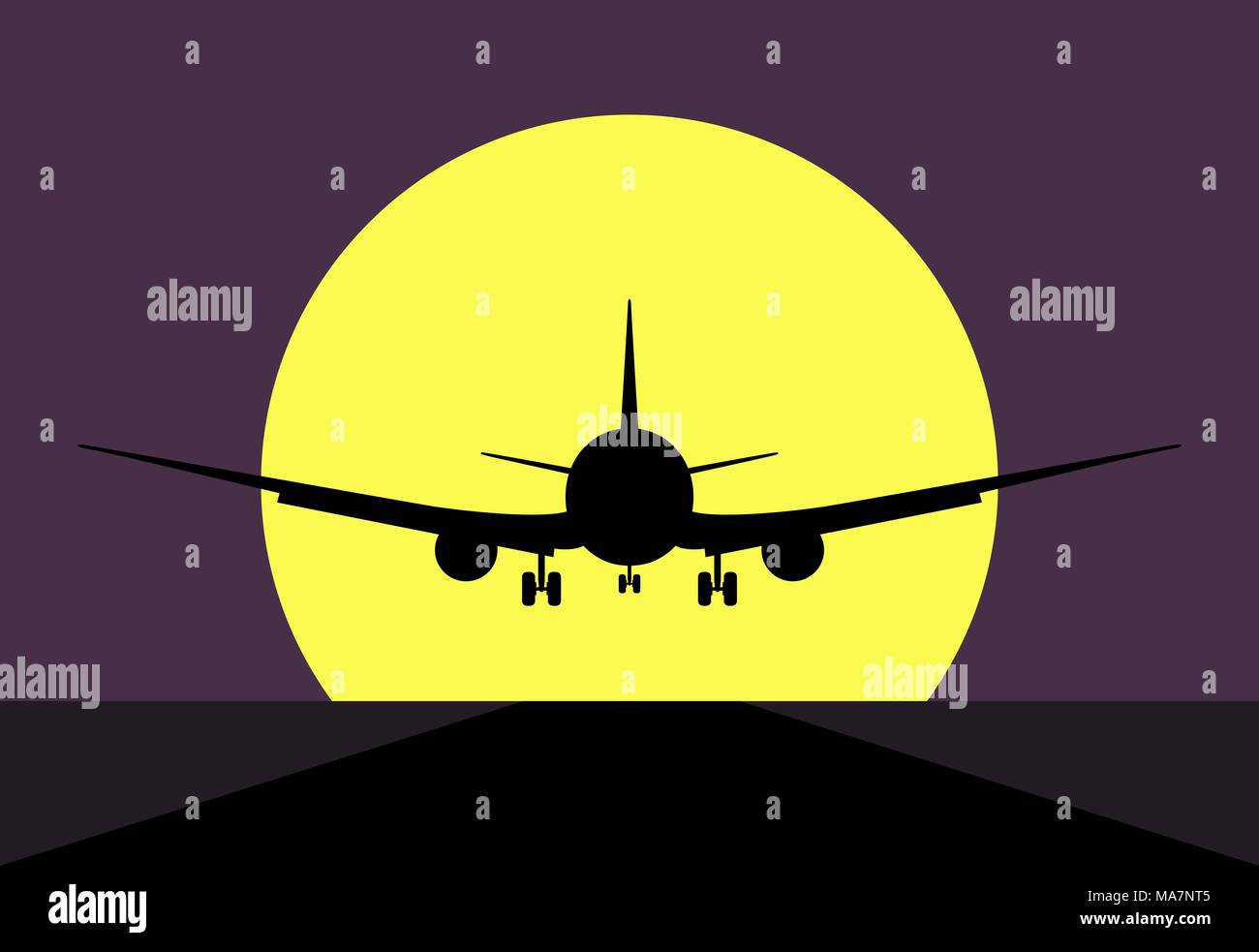 Plane taking off or landing at sunset, rear view. Vector illustration ...