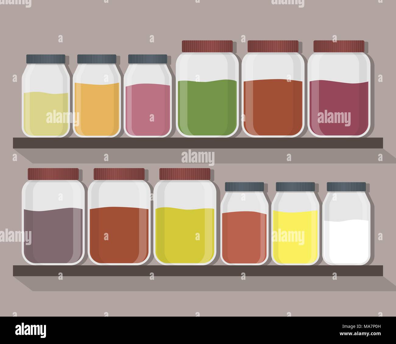 Set of kitchen jars with different content. Kitchen jars on the shelves ...