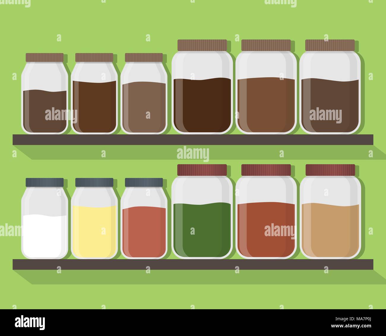 Set of kitchen jars with different content. Kitchen jars on the shelves ...