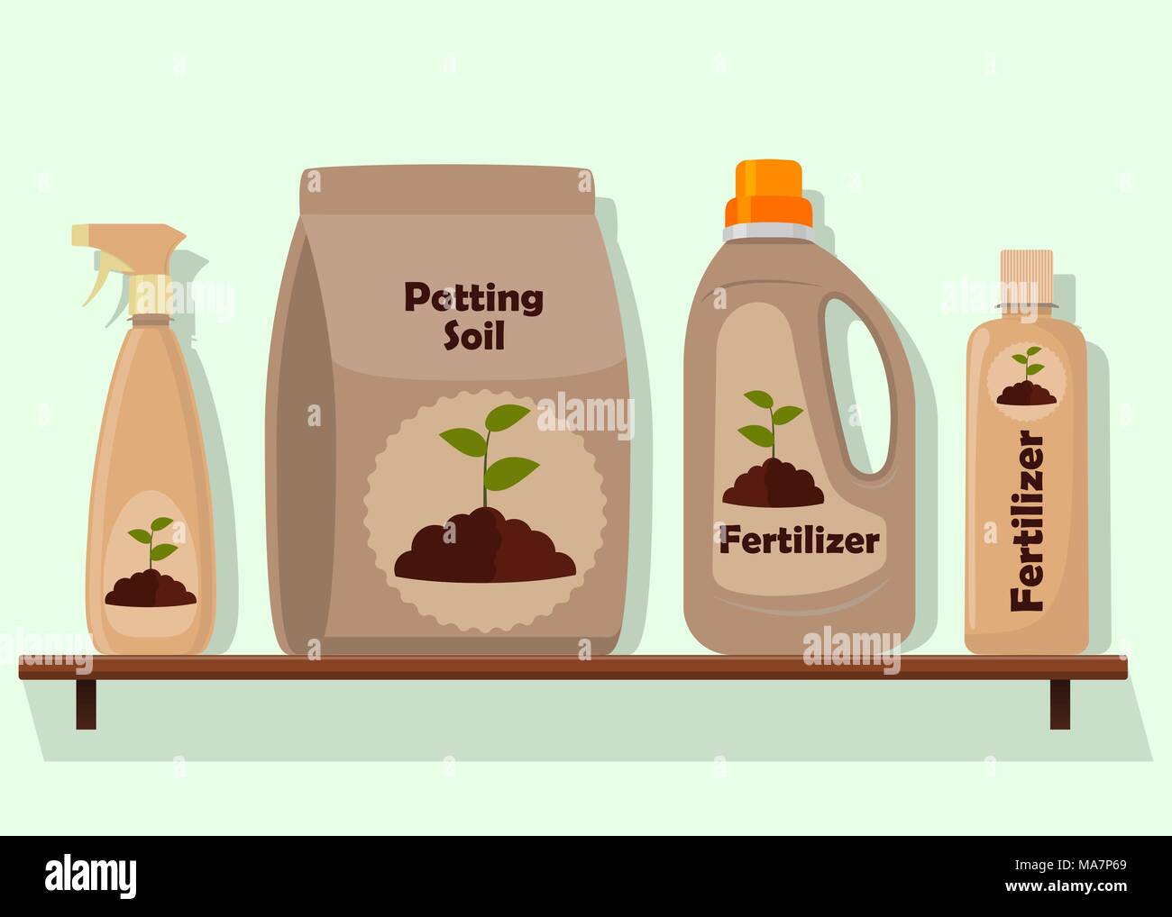 Packing with soil for potted plants. Potting soil, various fertilizers ...