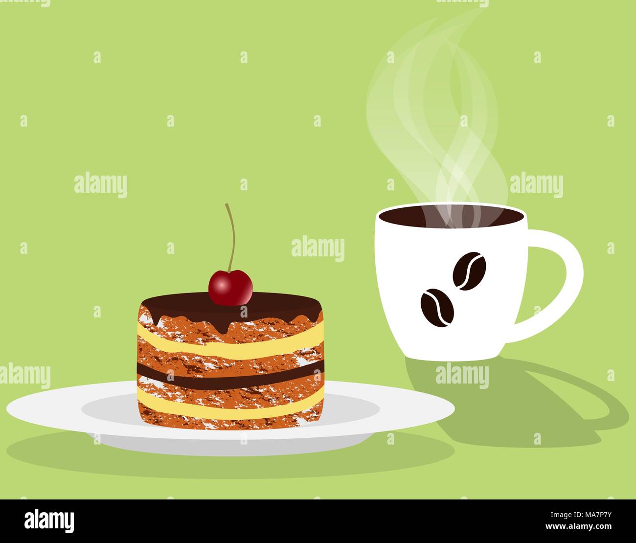 Cup of fragrant steaming coffee and cake with cherry on a saucer ...