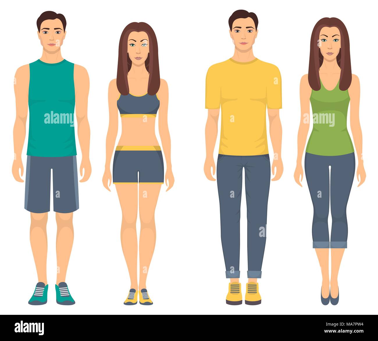 Couples in sportswear. Young men and women standing in full growth in ...