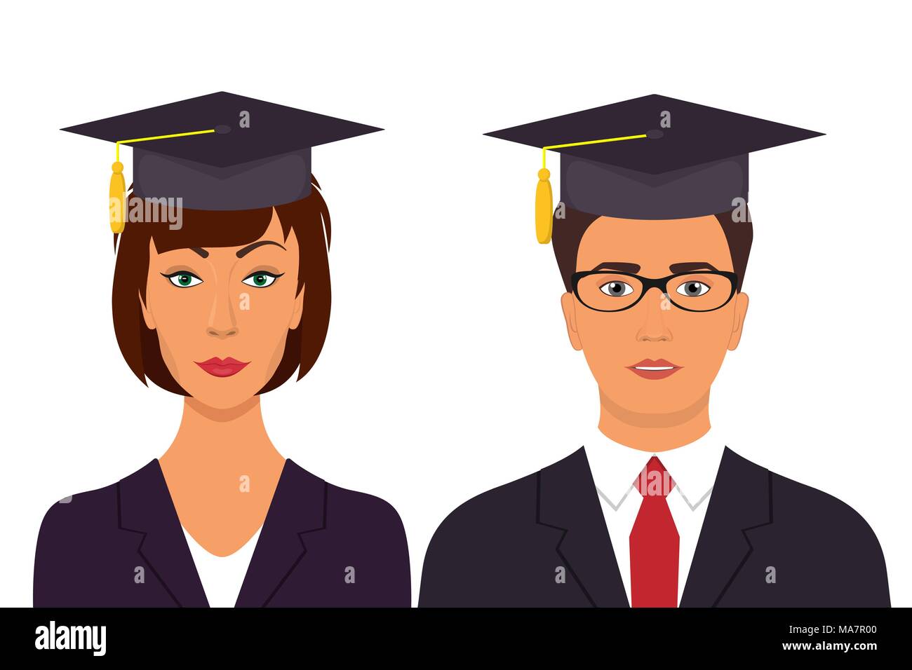 Student s graduation avatars. Man and woman in graduation caps. Vector ...
