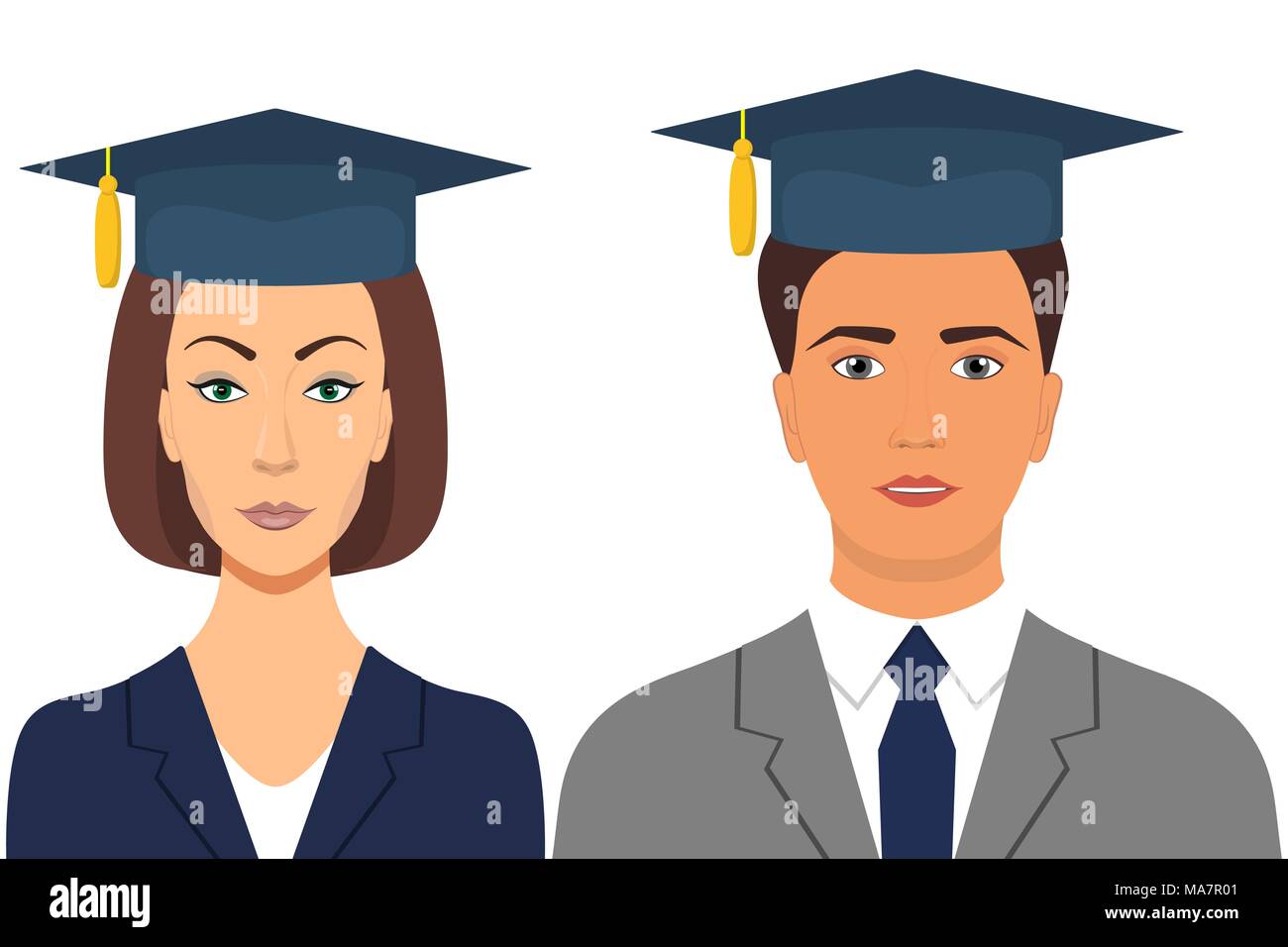 Student s graduation avatars. Man and woman in graduation caps. Vector ...