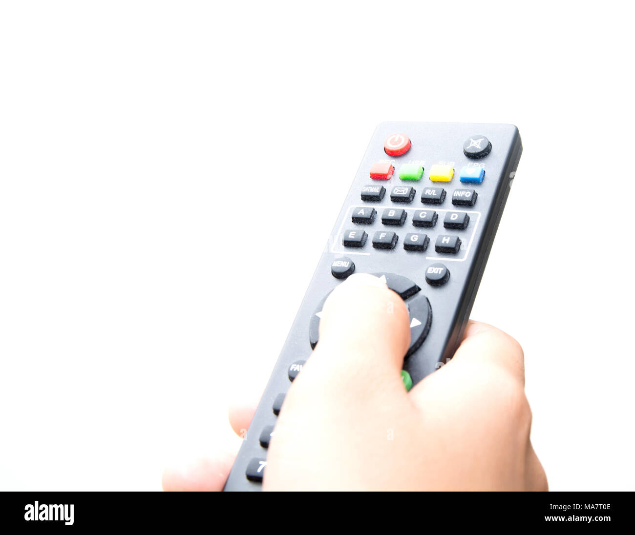 Hand holding a TV remote control isolated over white Stock Photo - Alamy