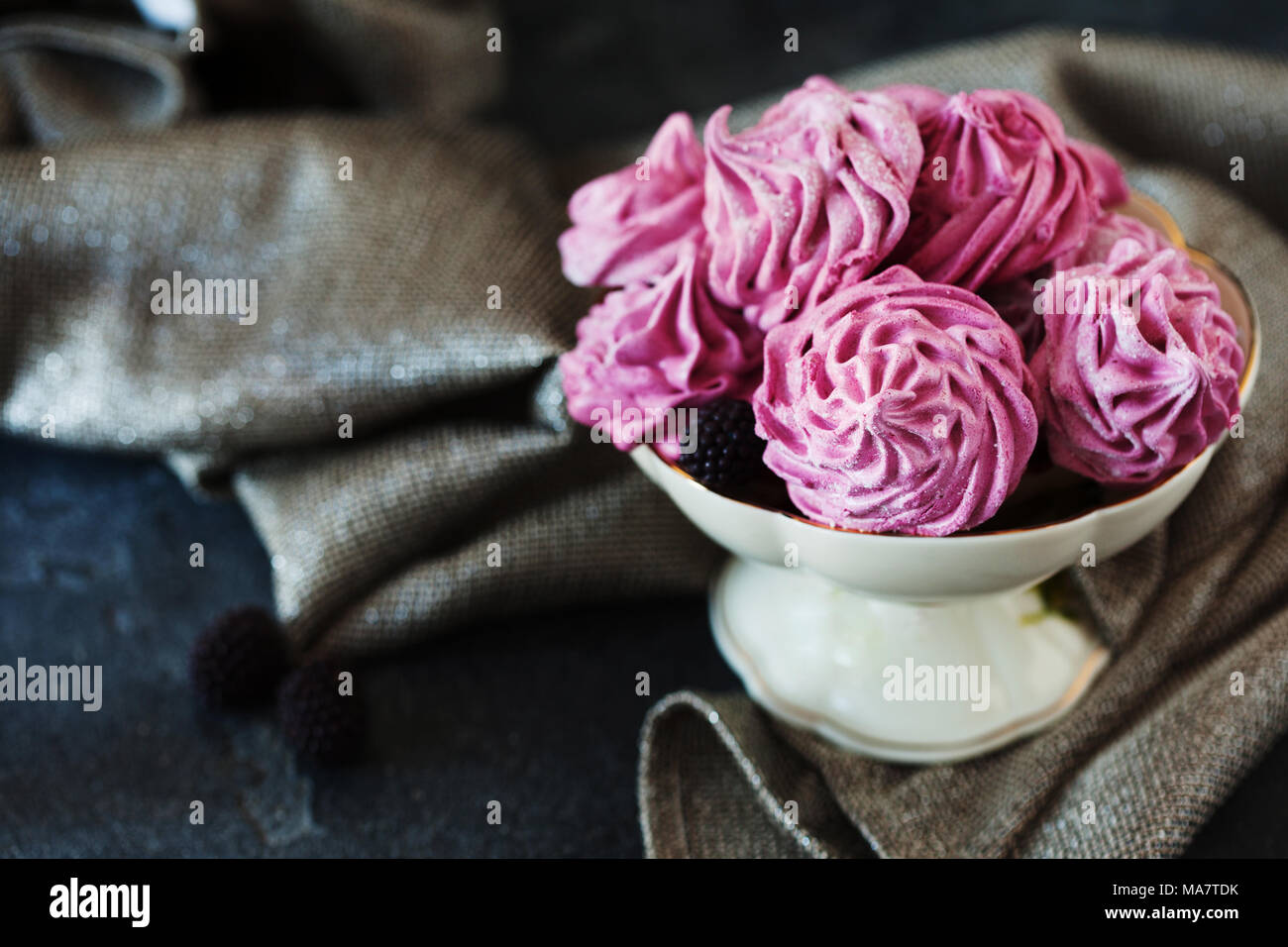 Pink homemade zephyr or marshmallow on dark background. Marshmallow ...