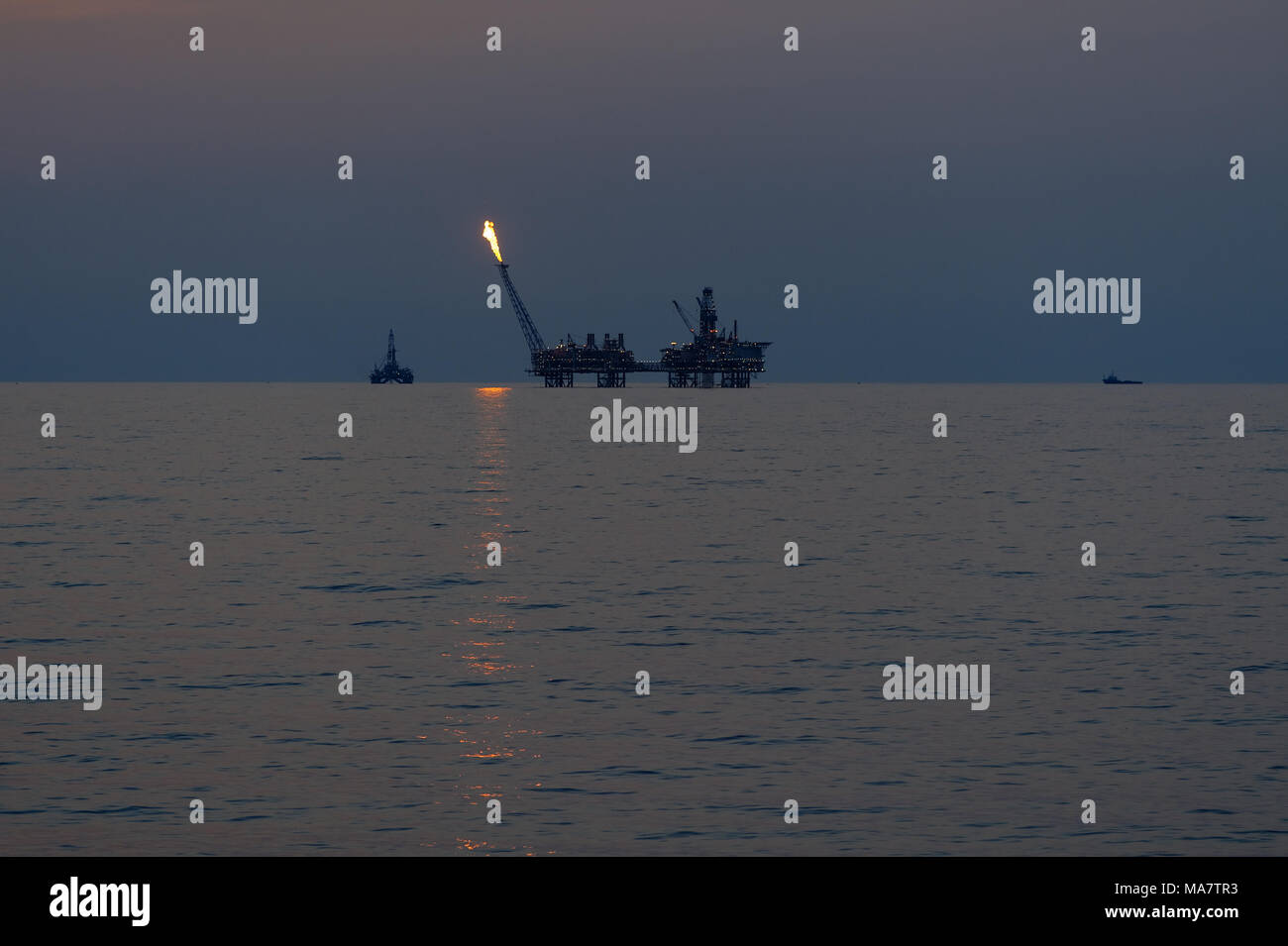 Offshore oil and Gas platforms in the Caspian Sea, Azerbaijan Stock ...