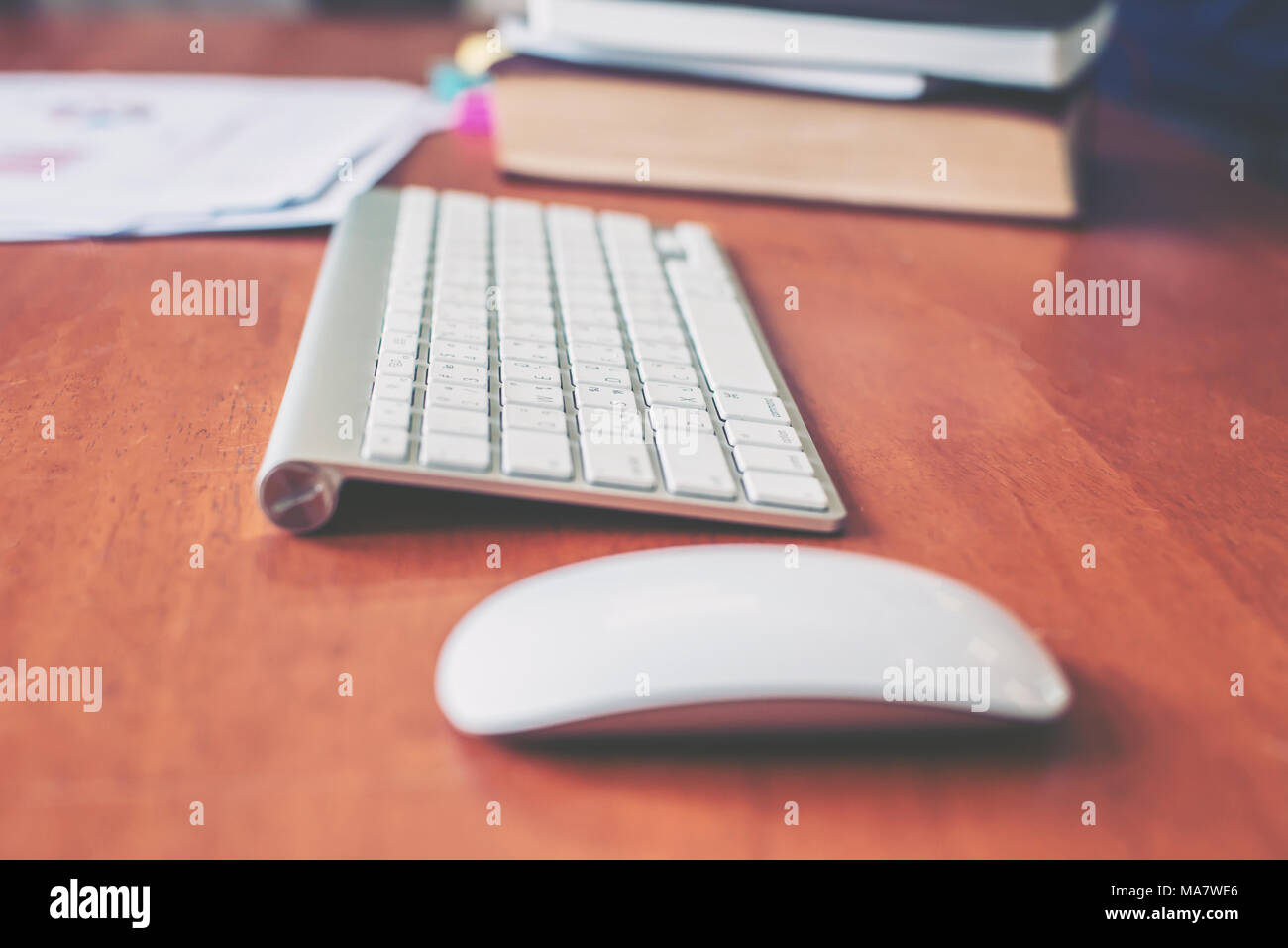 wireless keyboard, mouse on the wood table of business person Stock ...