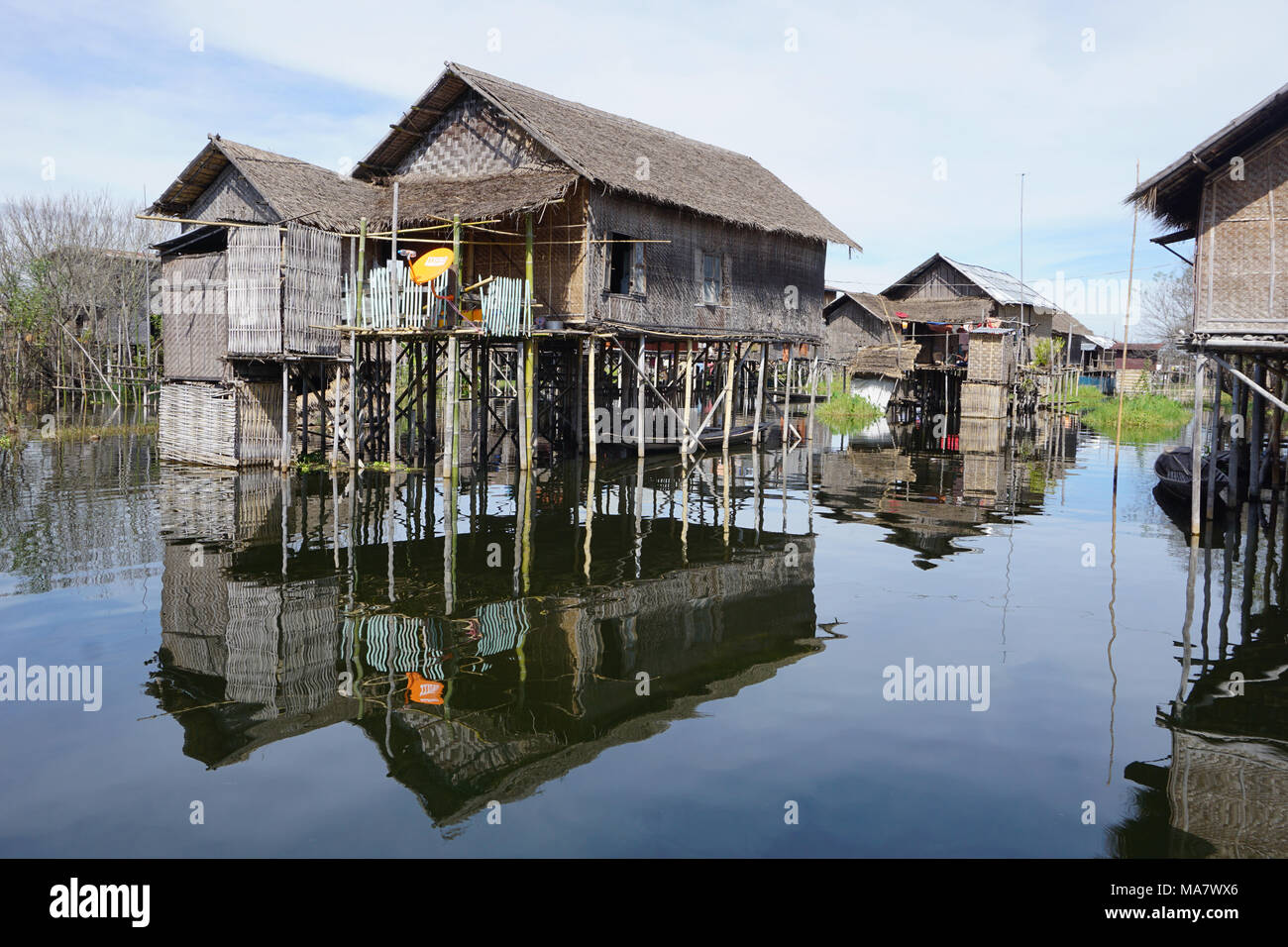 Wooden houses on piles inhabited by the Inthar minority, Inle Lake ...