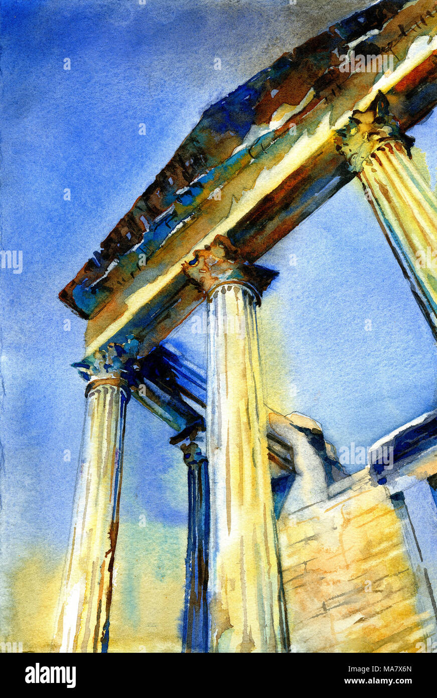 Watercolor painting of Roman temple at the ruins of Dougga in Tunisia ...