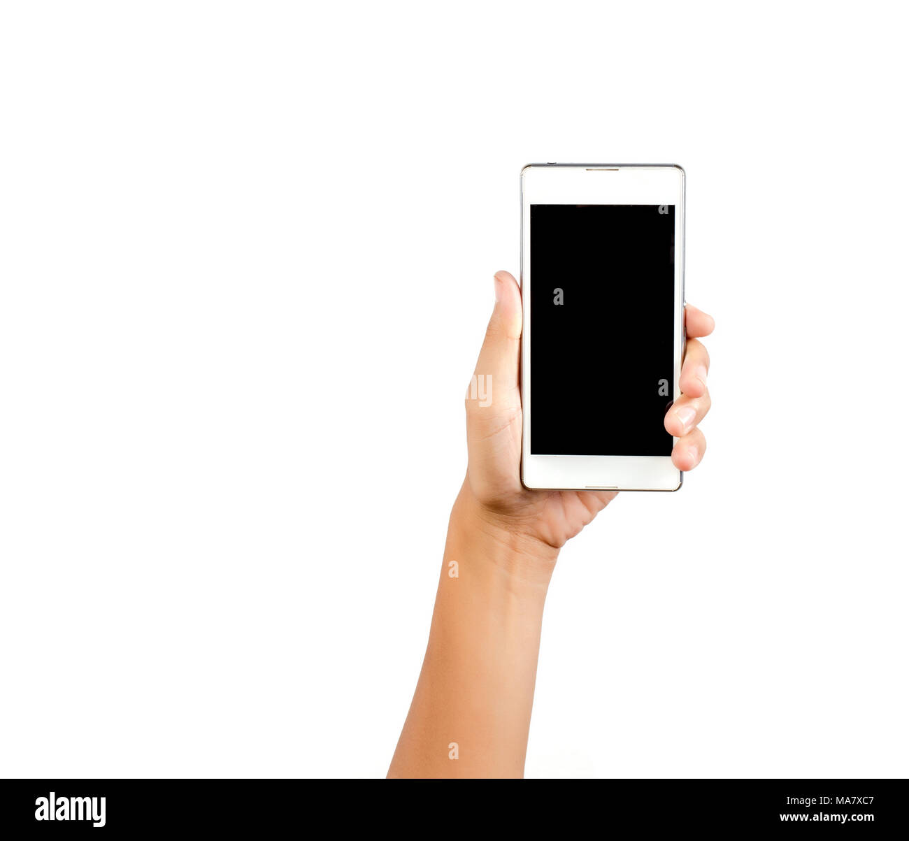 Close-up of a woman typing on mobile phone isolated on white background ...