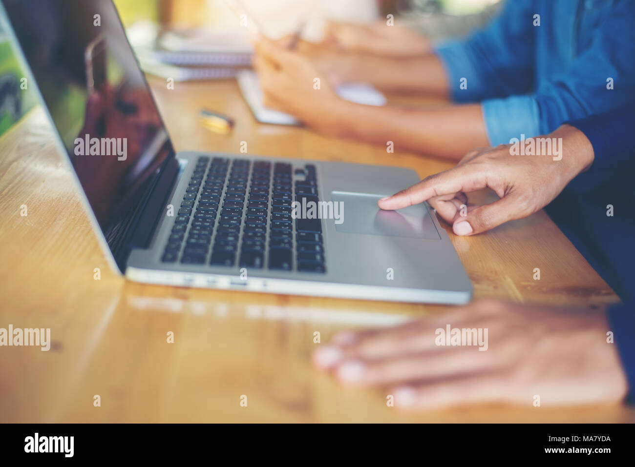 business woman hand working on smart phone and laptop computer and ...