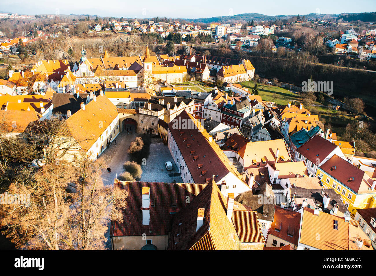 A view from the air to beautiful authentic houses and streets in the ...