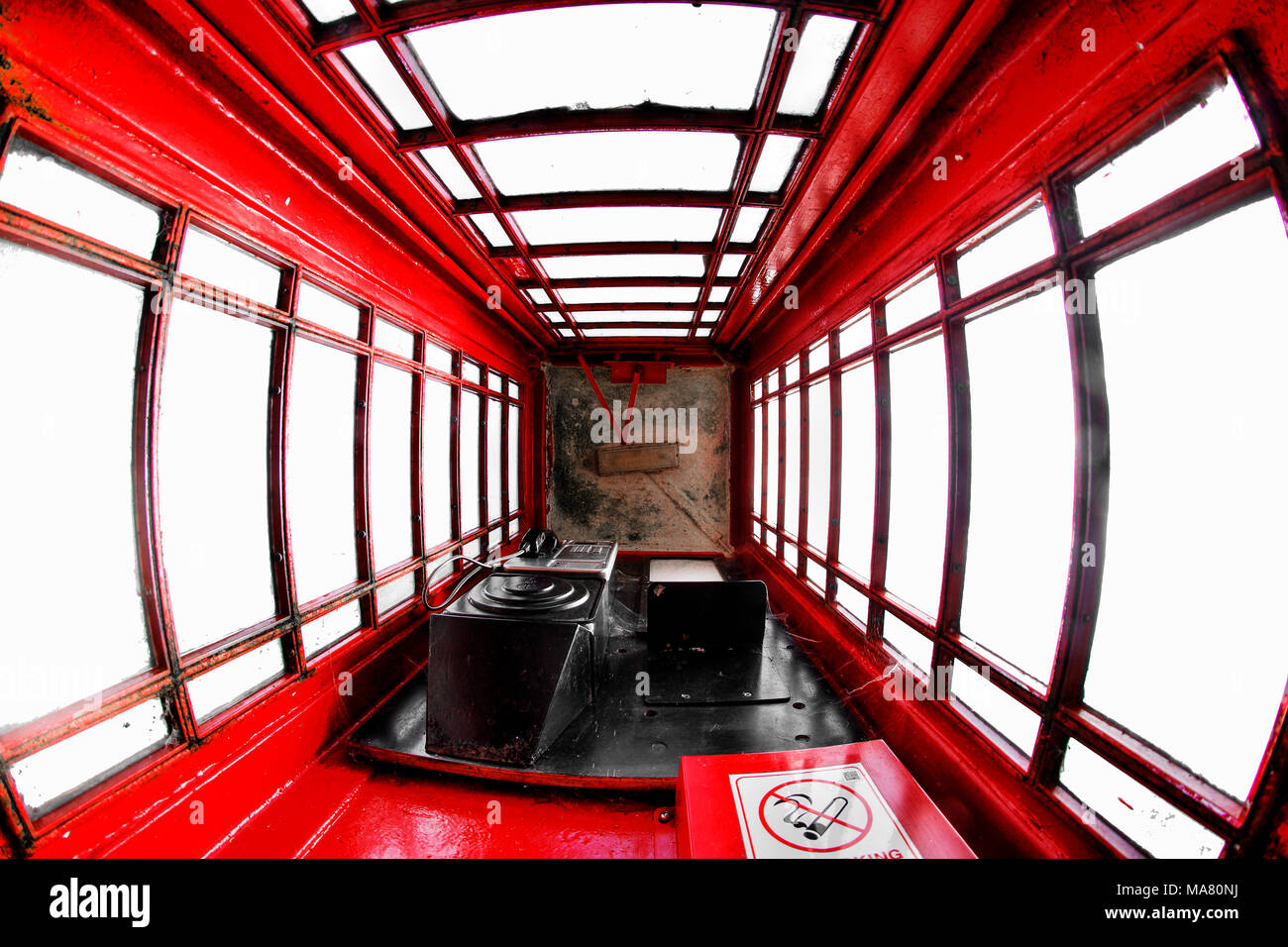 Looking up from ground level inside a Red Uk Telephone Box Stock Photo ...
