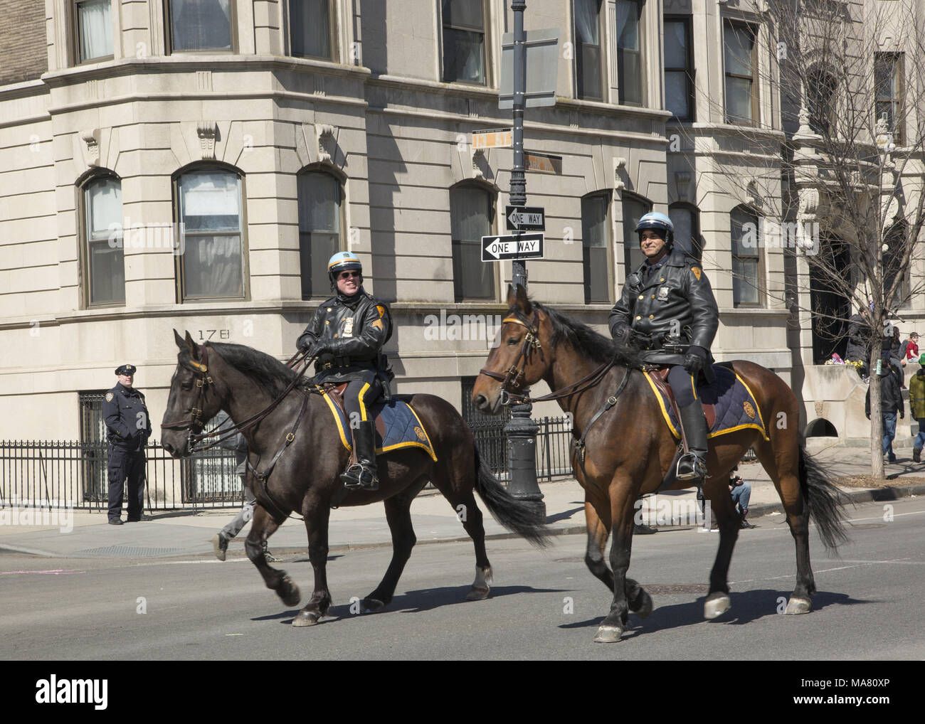 St. Patrick's Day Parade in Park Slope, Brooklyn, NY. Mounted police at ...