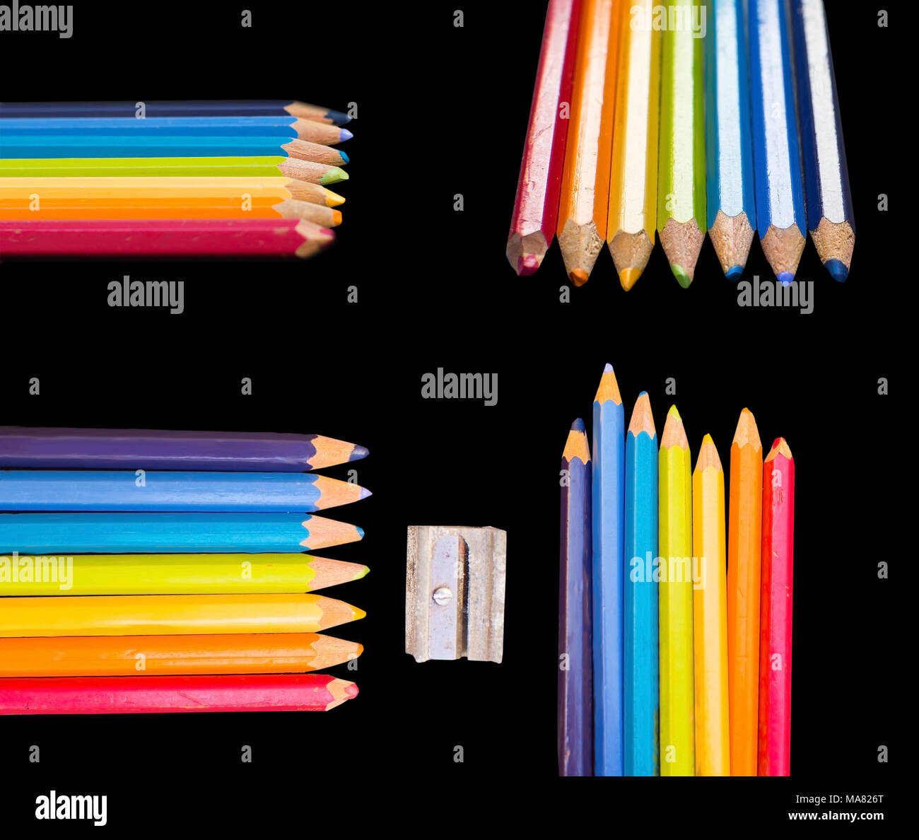 Seven colorful drawing pens and sharpener isolated on black, sharpen ...