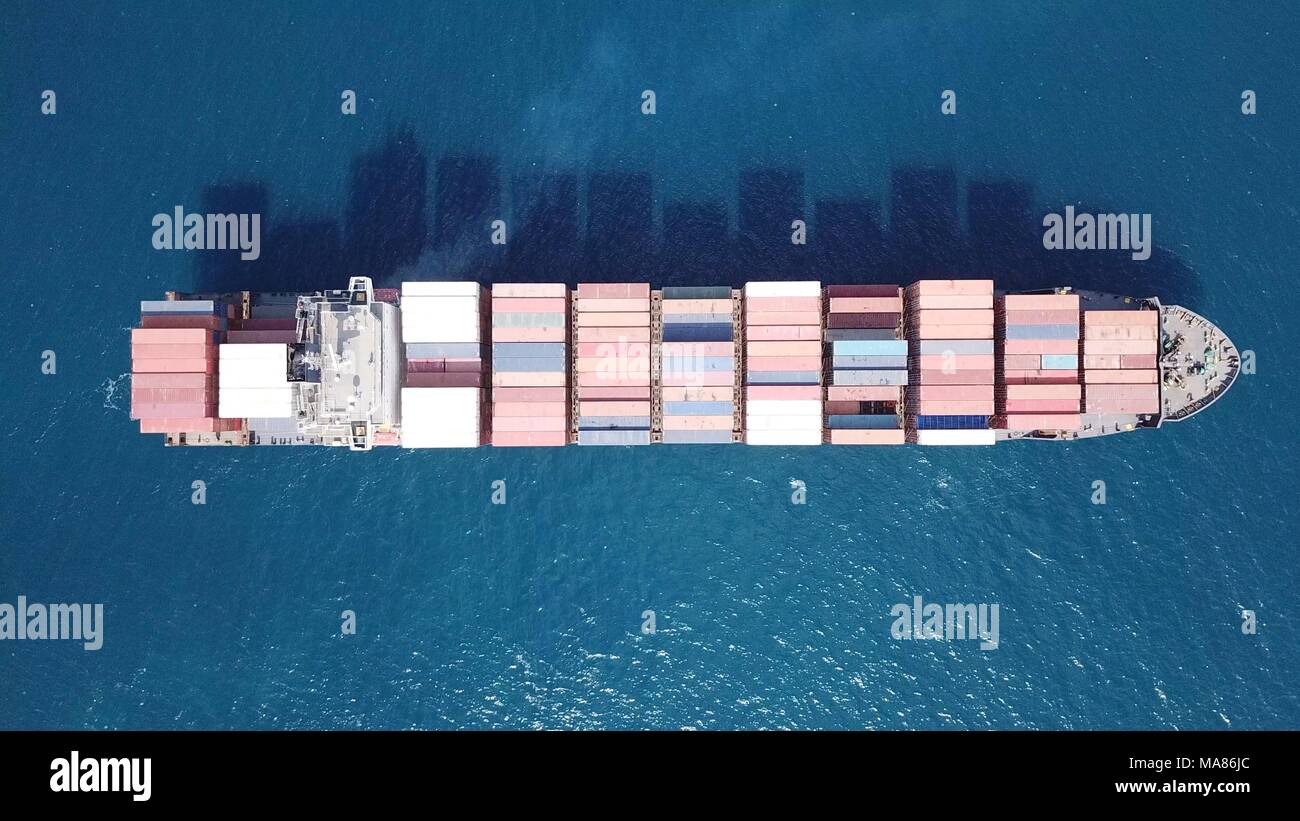Large container ship at sea - Aerial image Stock Photo - Alamy