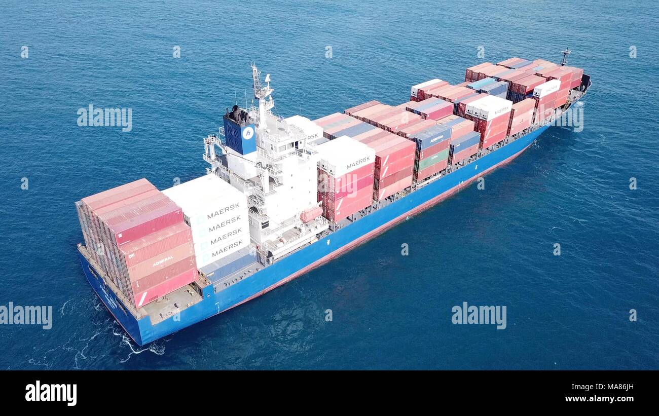 Large container ship at sea - Aerial image Stock Photo - Alamy