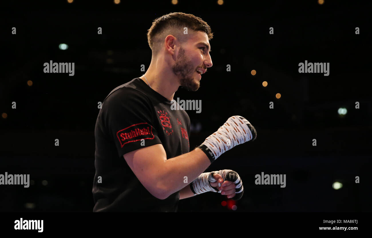 03-28-2018, St Davids Hall, Cardiff. Josh Kelly during the workout ...
