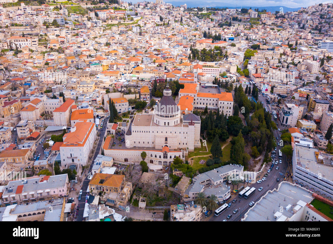 Aerial image of the Basilica of the Annunciation over the old city ...