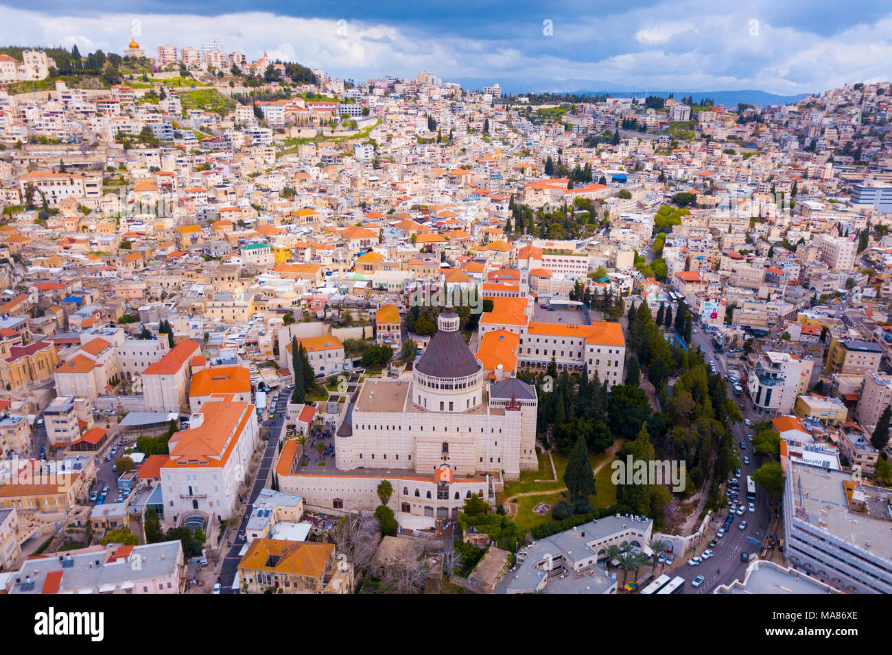 Aerial image of the Basilica of the Annunciation over the old city ...